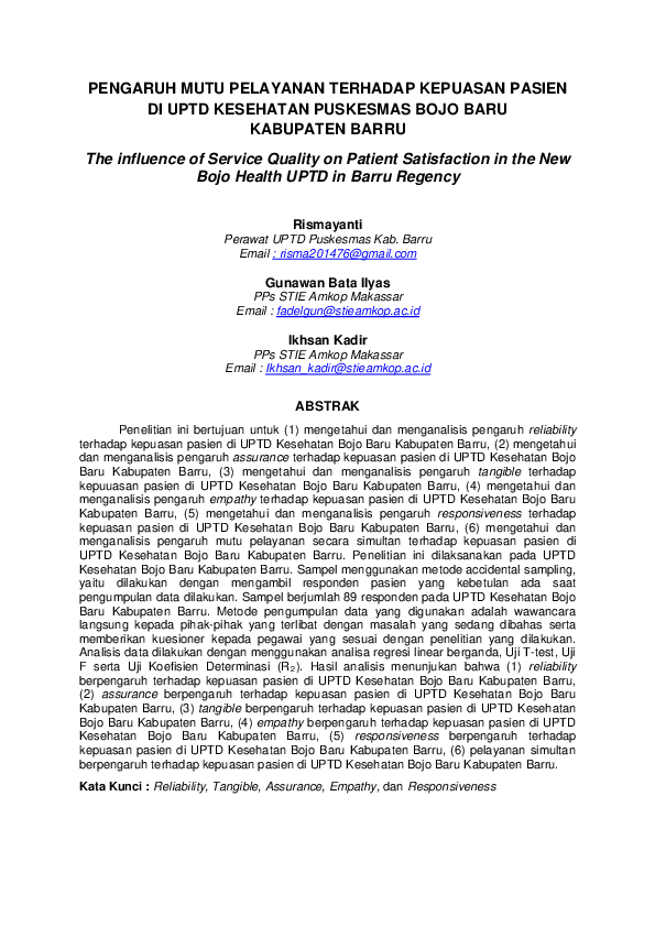 (PDF) Pengaruh Mutu Pelayanan Terhadap Kepuasan Pasien DI Uptd Kesehatan Puskesmas Bojo Baru ...