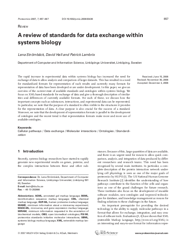 (PDF) A review of standards for data exchange within systems biology