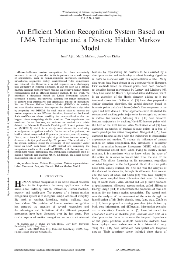 Pdf An Efficient Motion Recognition System Based On Lma Technique And A Discrete Hidden Markov 