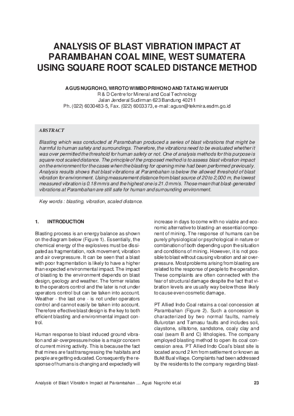 (PDF) Analysis of Blast Vibration Impact at Parambahan Coal Mine, West Sumatera Using Square ...