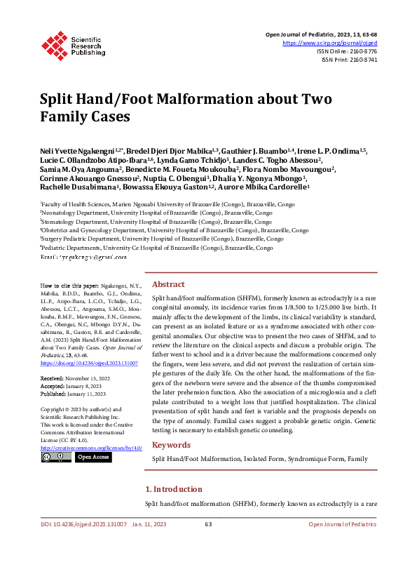 (PDF) Split Hand/Foot Malformation about Two Family Cases | Irene L P ...