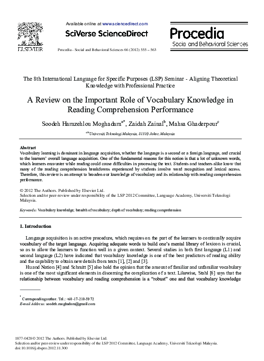 (PDF) A Review on the Important Role of Vocabulary Knowledge in Reading ...