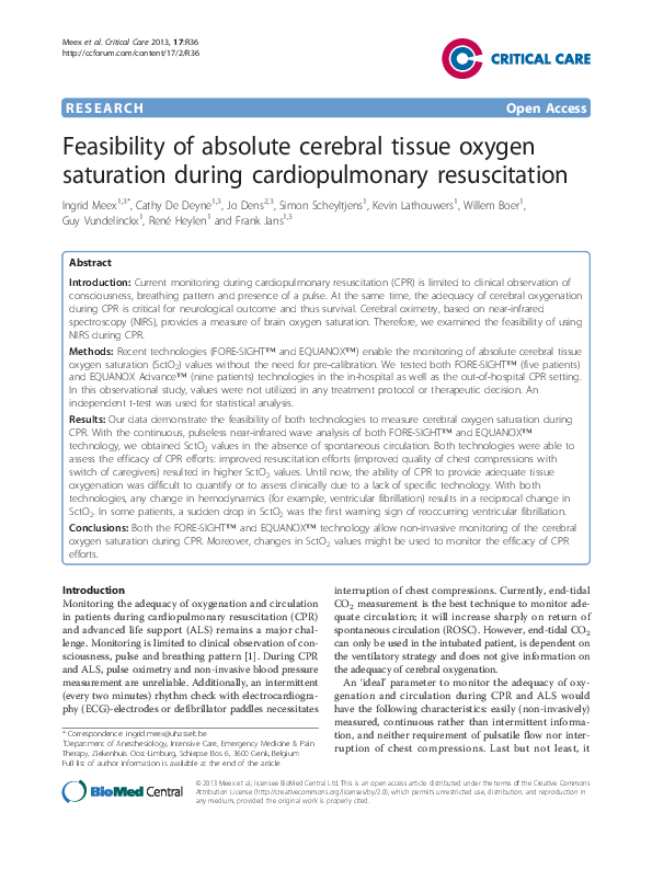(PDF) Feasibility of absolute cerebral tissue oxygen saturation during ...
