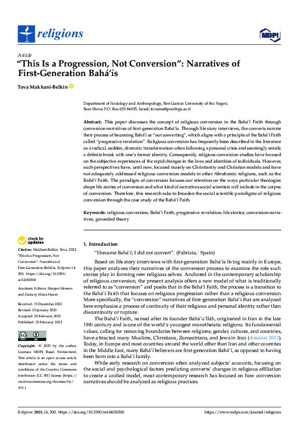 (PDF) “This Is a Progression, Not Conversion”: Narratives of First-Generation Bahá’ís