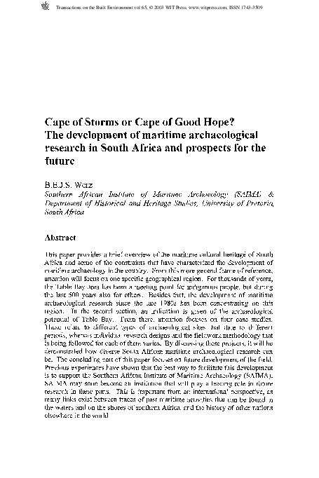 (PDF) Cape Of Storms Or Cape Of Good Hope? The Development Of ...