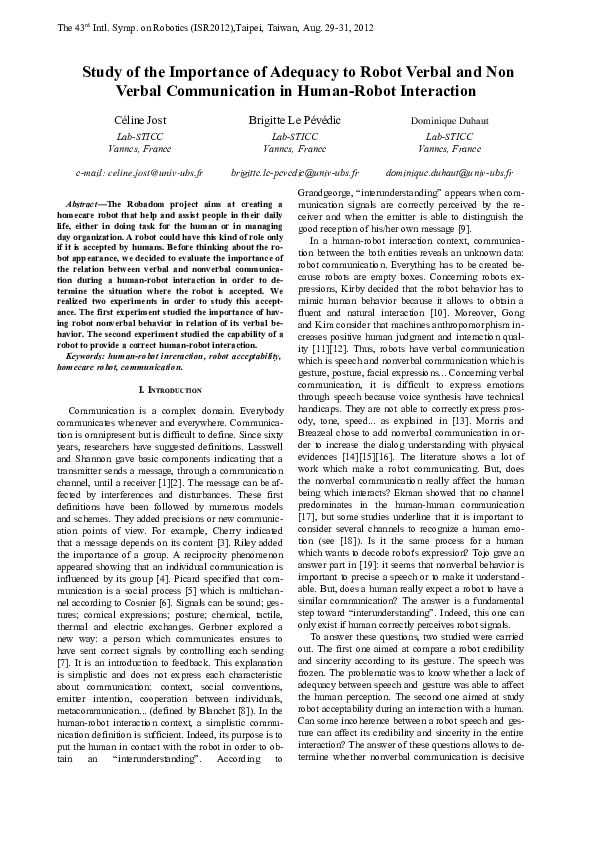 (PDF) Study of the Importance of Adequacy to Robot Verbal and Non Verbal Communication in Human ...