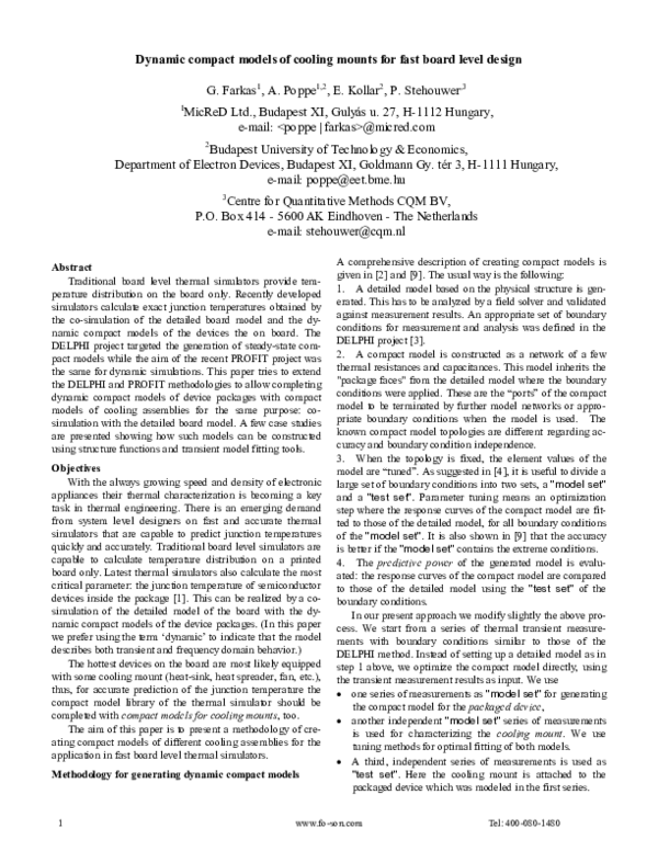 Pdf Dynamic Compact Models For Cooling Systems
