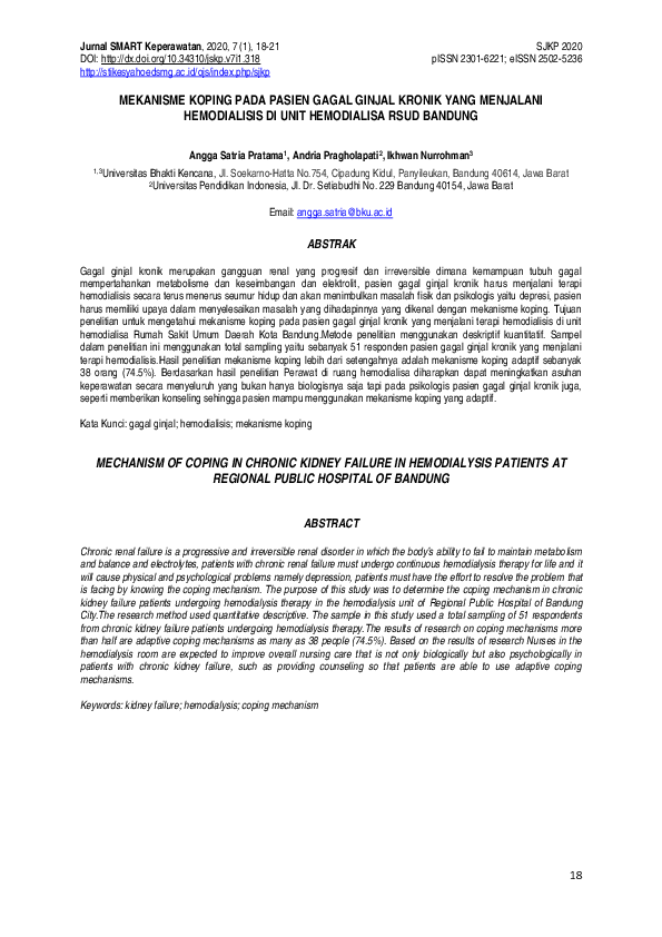 (PDF) Mekanisme Koping pada Pasien Gagal Ginjal Kronik yang menjalani Hemodialisis di Unit ...