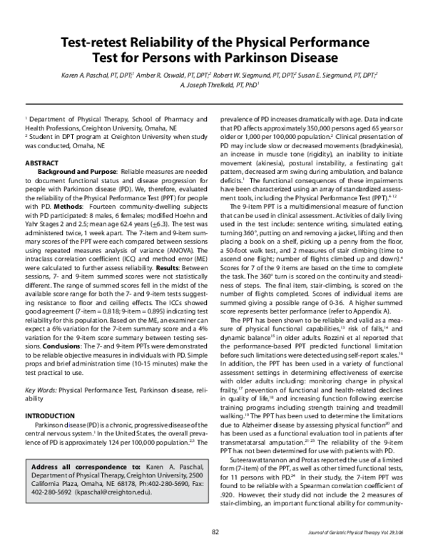 (PDF) Test-retest Reliability of the Physical Performance Test for ...