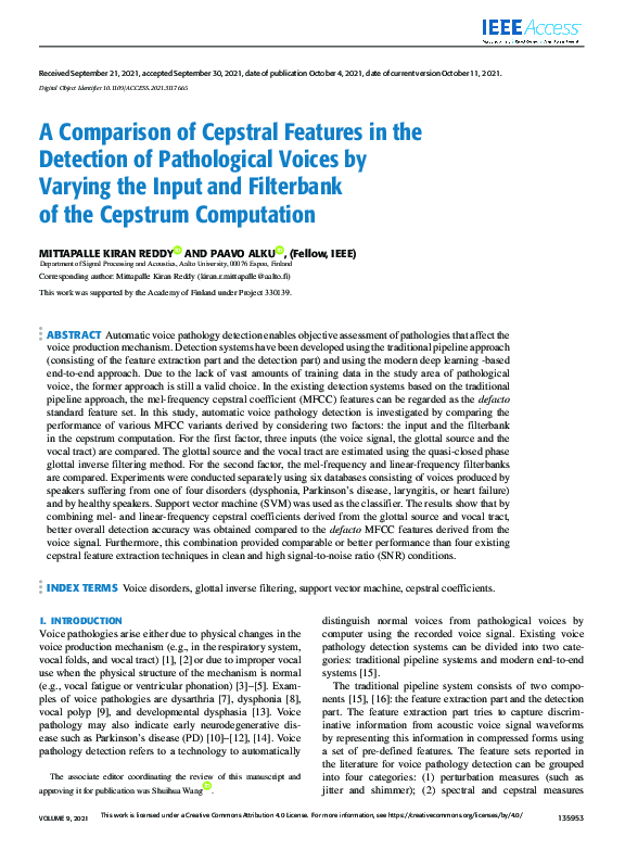 Pdf A Comparison Of Cepstral Features In The Detection Of Pathological Voices By Varying The