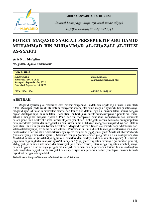 (PDF) Potret Maqasid Syariah Persepektif Abu Hamid Muhammad Bin ...