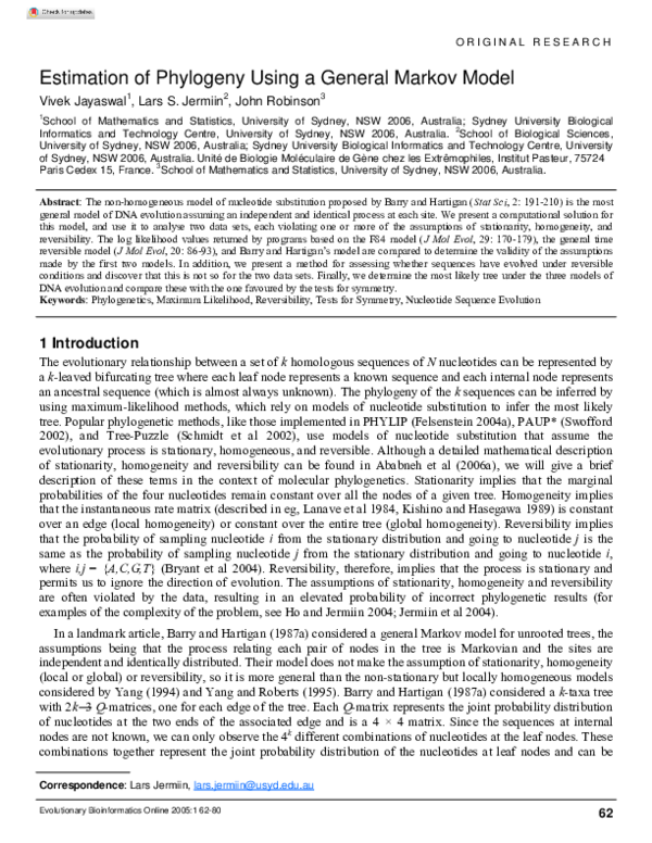 (PDF) Estimation of Phylogeny Using a General Markov Model