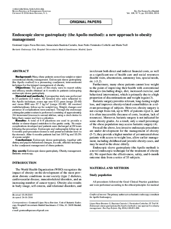 (PDF) Endoscopic sleeve gastroplasty (the Apollo method): a new ...