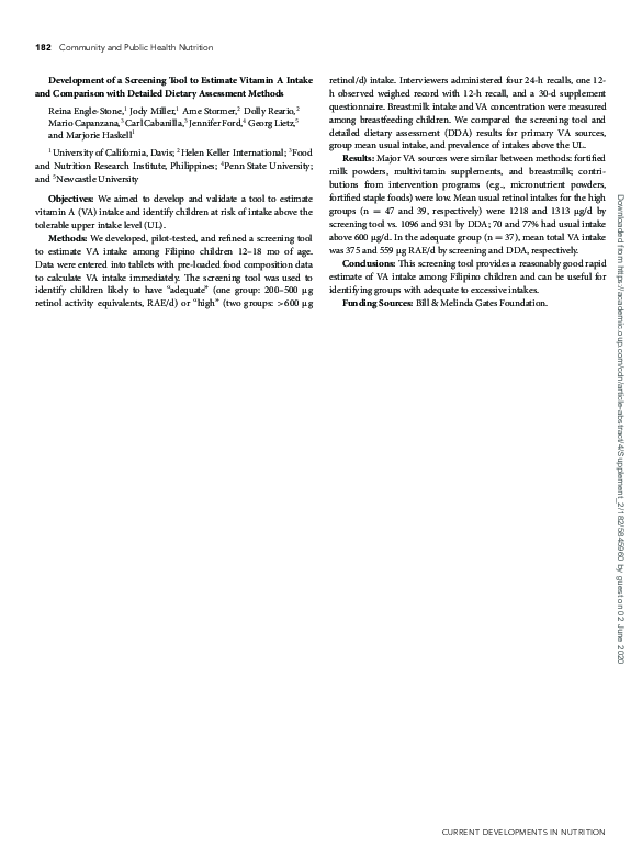 (PDF) Development of a Screening Tool to Estimate Vitamin A Intake and Comparison with Detailed ...