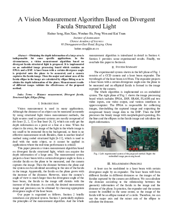 (PDF) A vision measurement algorithm based on divergent facula structured light | han xiao ...