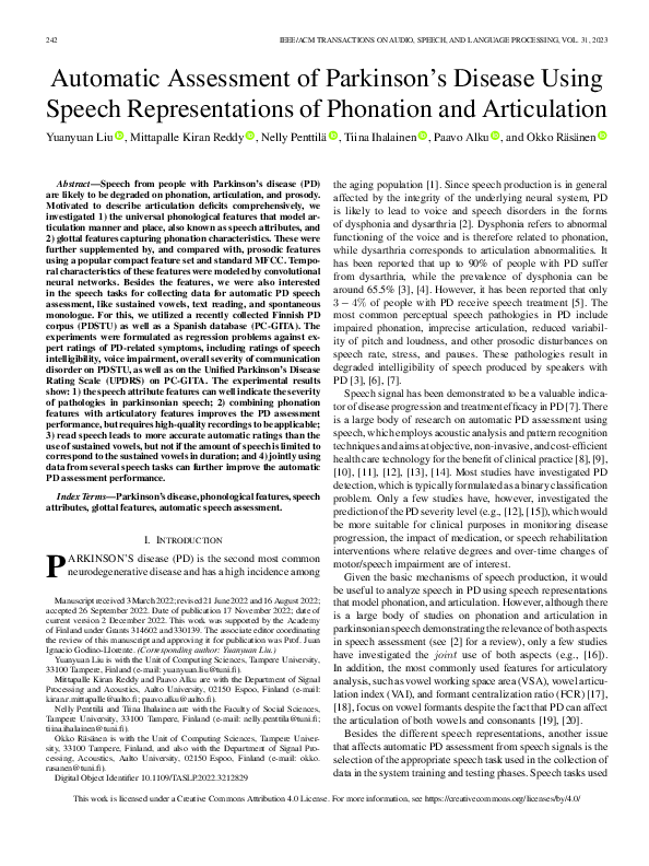 (PDF) Automatic Assessment of Parkinson's Disease Using Speech ...