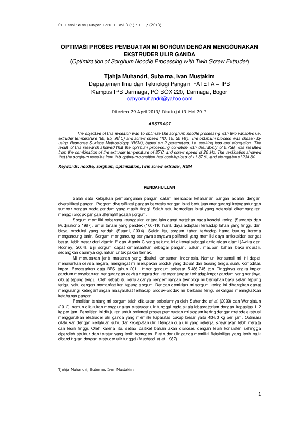 (PDF) Optimasi Proses Pembuatan Mi Sorgum Dengan Menggunakan Ekstruder Ulir Ganda (Optimization ...