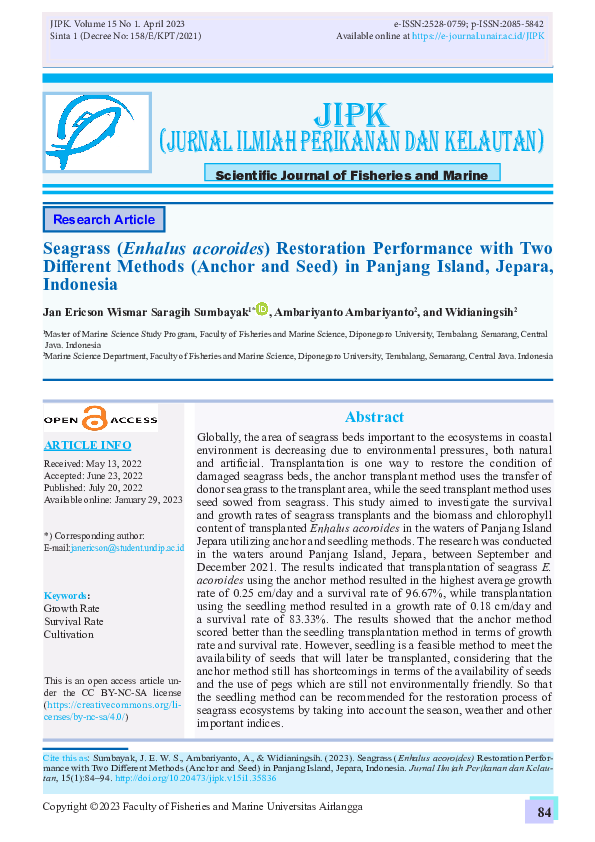 (PDF) Seagrass (Enhalus acoroides) Restoration Performance with Two ...