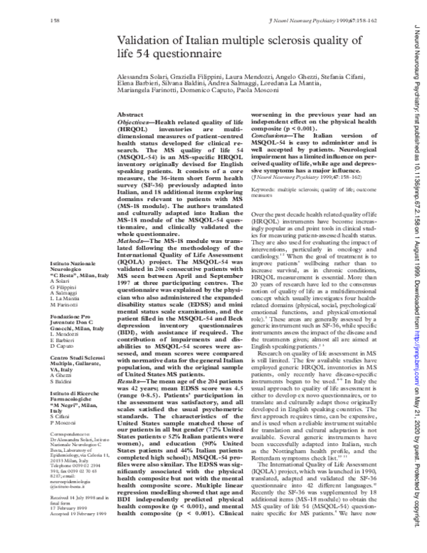 Pdf Validation Of Italian Multiple Sclerosis Quality Of Life 54 Questionnaire L Mendozzi