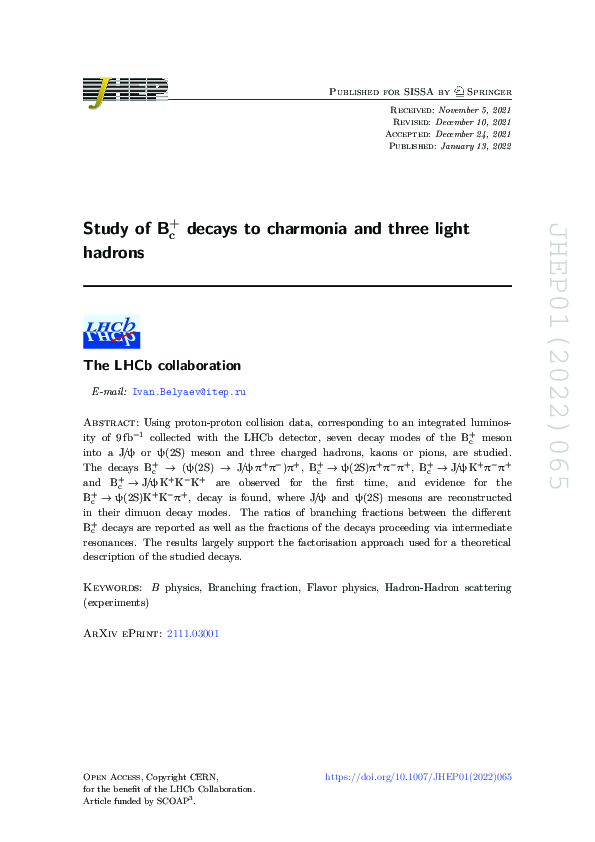 (PDF) Study of $$ {\mathrm{B}}_{\mathrm{c}}^{+} $$ decays to charmonia ...