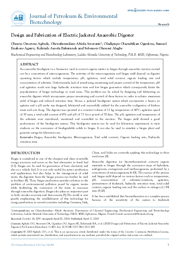 (PDF) Design and Fabrication of Electric Jacketed Anaerobic Digester