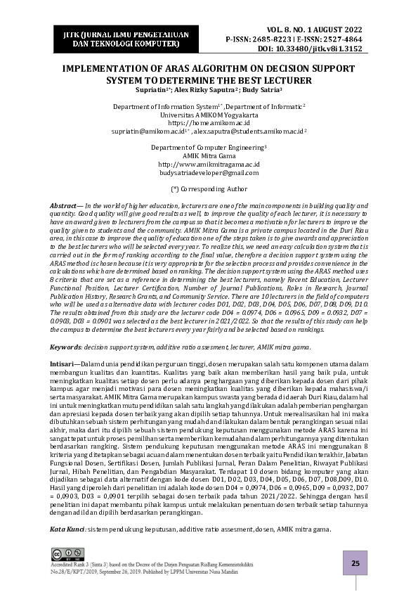 (PDF) Implementation of Aras Algorithm on Decision Support System to Determine the Best Lecturer