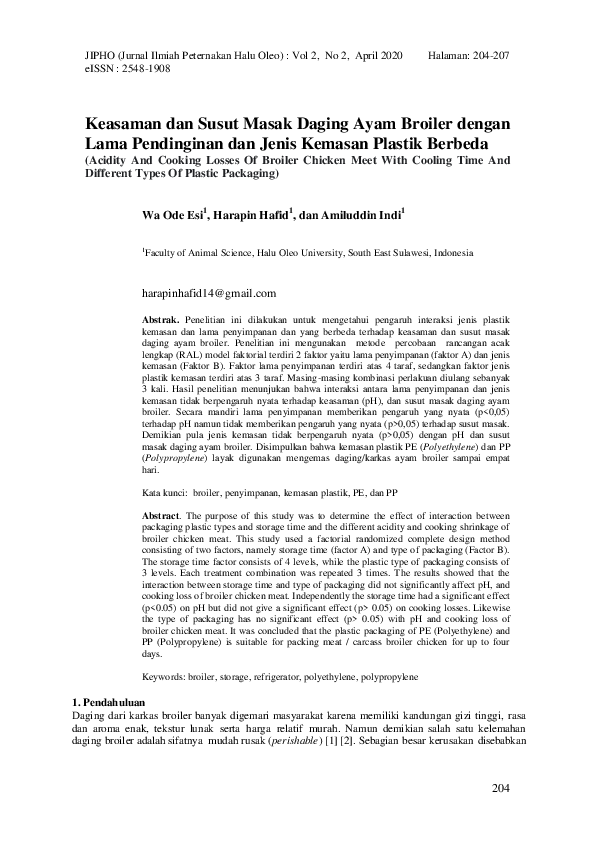 (PDF) Keasaman dan Susut Masak Daging Ayam Broiler dengan Lama ...