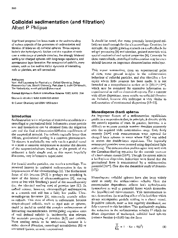 (PDF) Colloidal sedimentation (and filtration)