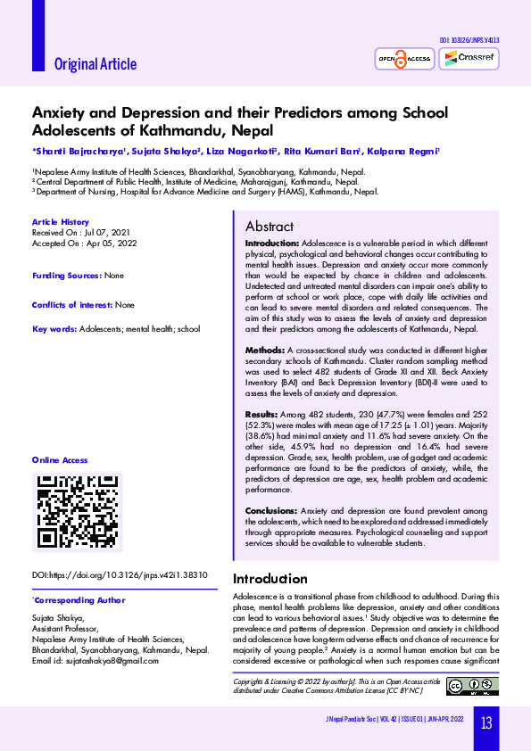 (PDF) Anxiety and Depression and their Predictors among School ...