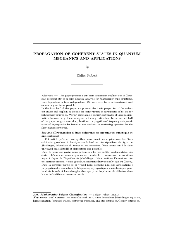 (PDF) Propagation of coherent states in quantum mechanics and applications