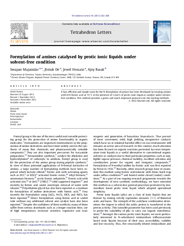 (PDF) Formylation of amines catalysed by protic ionic liquids under ...