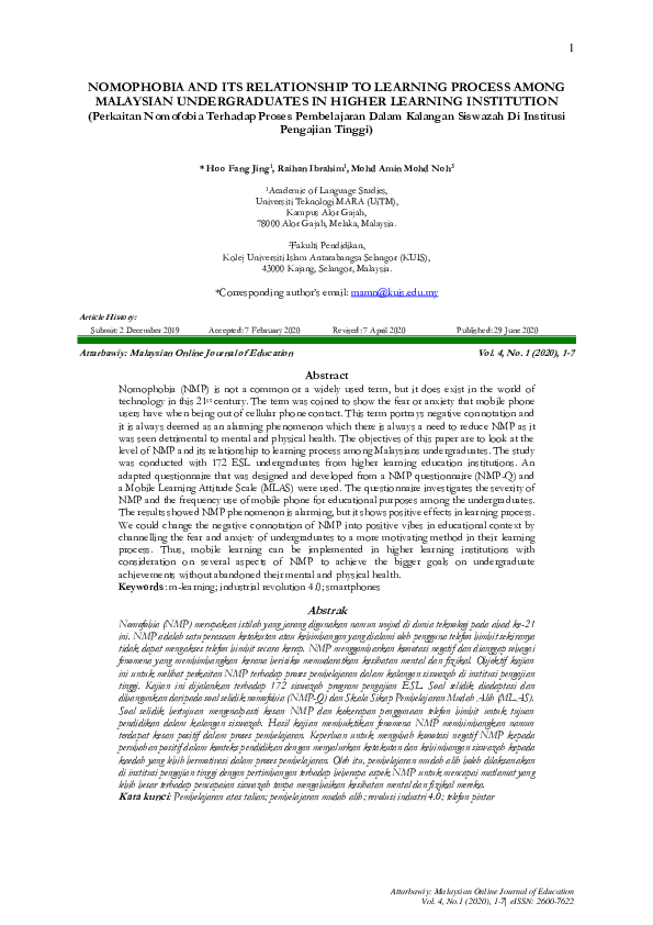 (PDF) Nomophobia and Its Relationship to Learning Process Among ...
