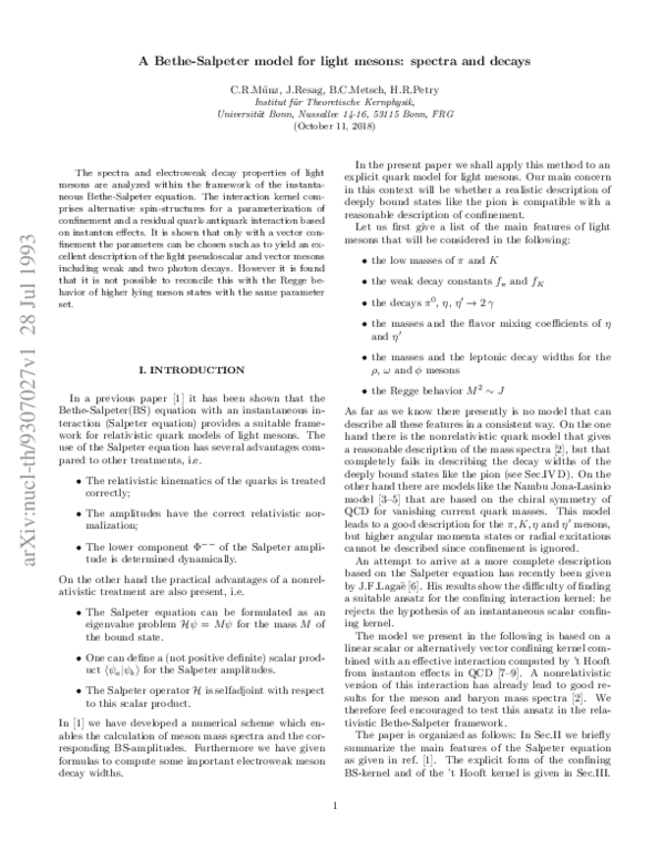 (PDF) A Bethe-Salpeter model for light mesons: spectra and decays