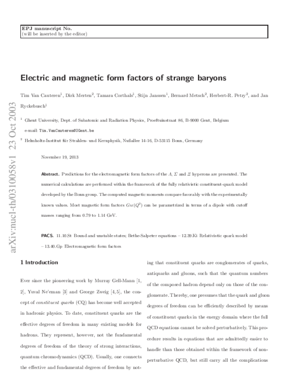 (PDF) Electric and magnetic form factors of strange baryons