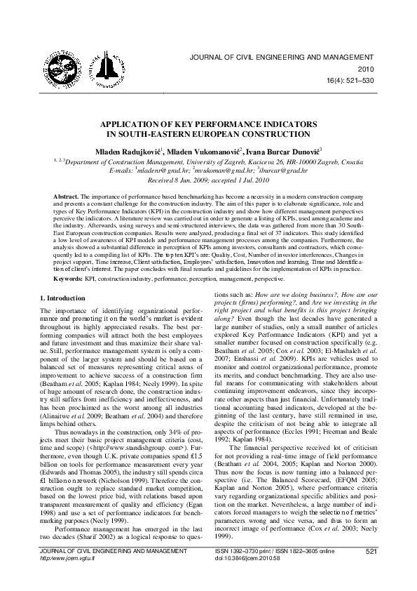 (PDF) Application of Key Performance Indicators in South‐Eastern ...