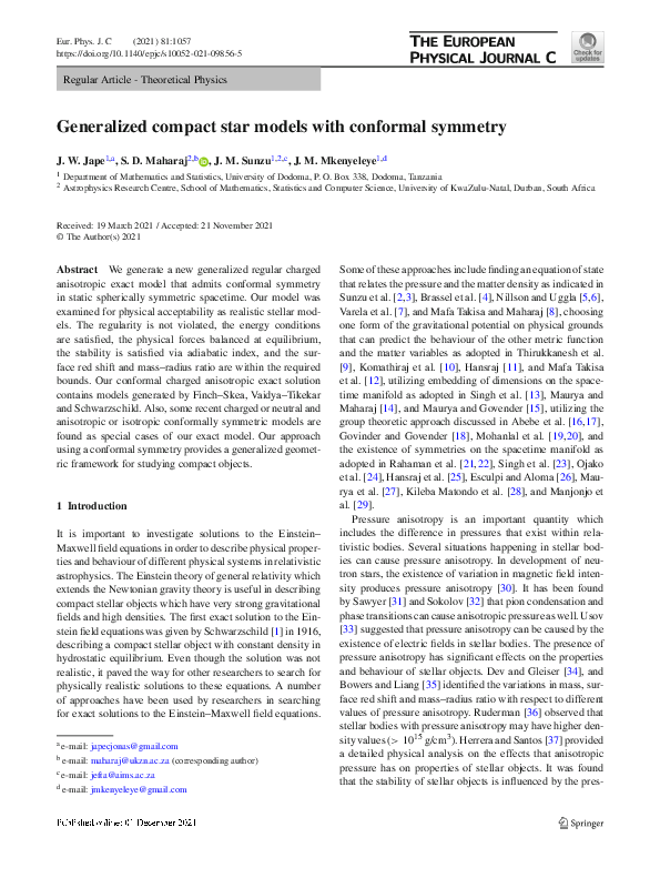 (PDF) Generalized compact star models with conformal symmetry