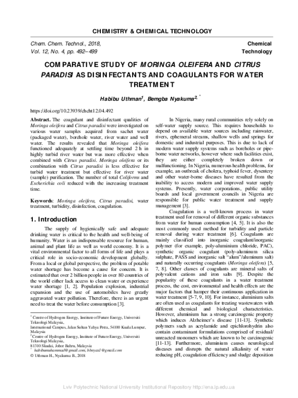 (PDF) Comparative Study of Moringa Oleifera and Citrus Paradisi as Disinfectants and Coagulants ...