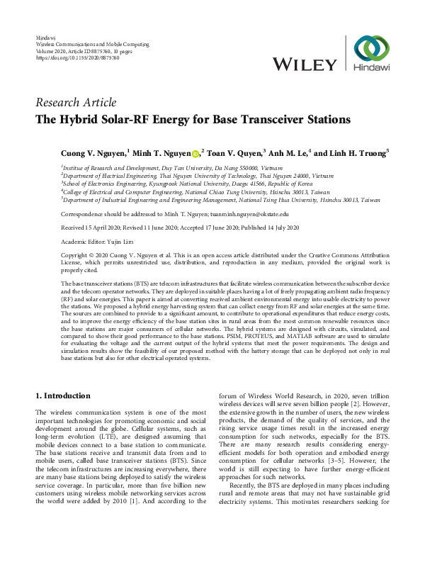 (PDF) The Hybrid Solar-RF Energy for Base Transceiver Stations