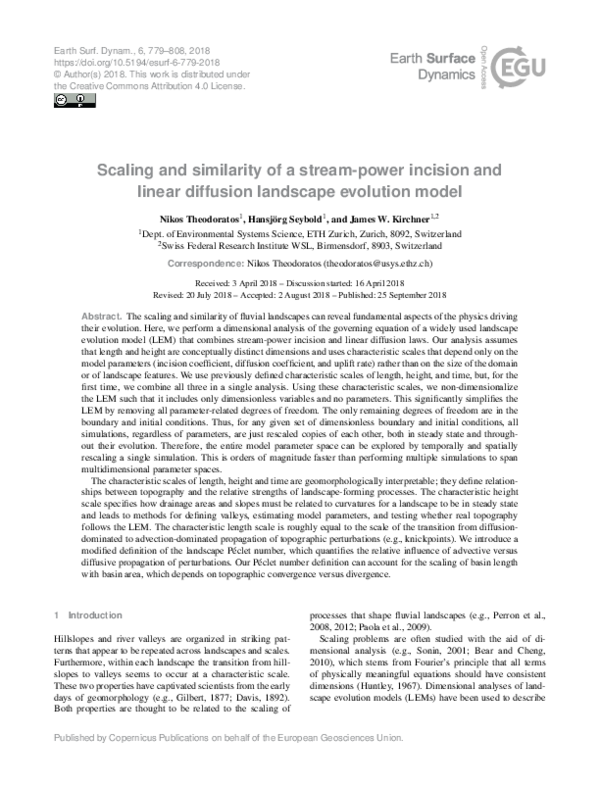 (PDF) Scaling and similarity of a stream-power incision and linear diffusion landscape evolution ...