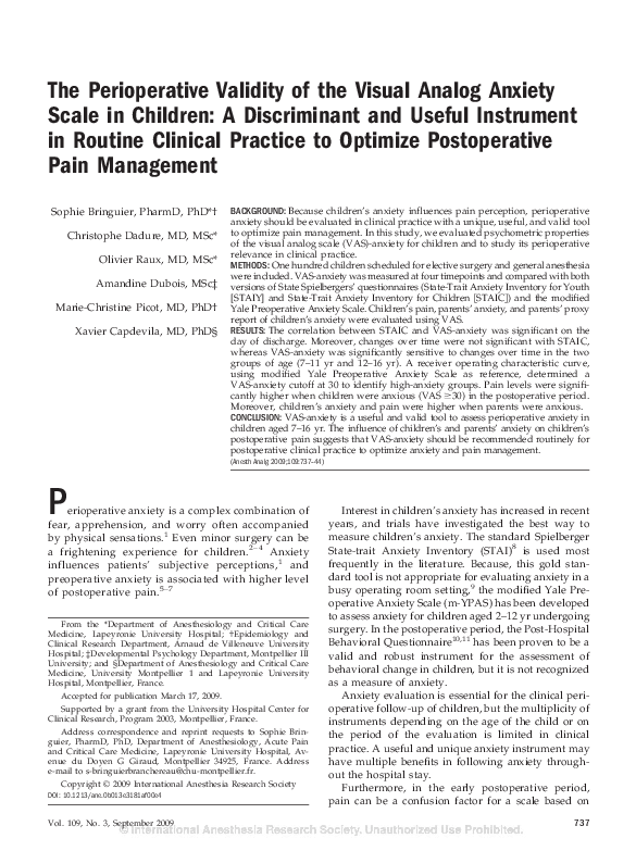 (PDF) The Perioperative Validity of the Visual Analog Anxiety Scale in ...