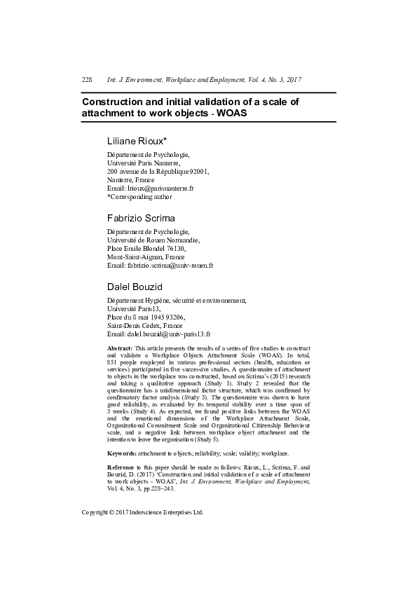 (PDF) Construction and initial validation of a scale of attachment to ...