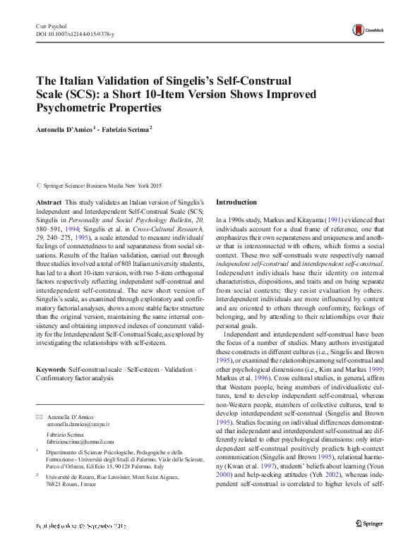 (PDF) The Italian Validation of Singelis’s Self-Construal Scale (SCS ...
