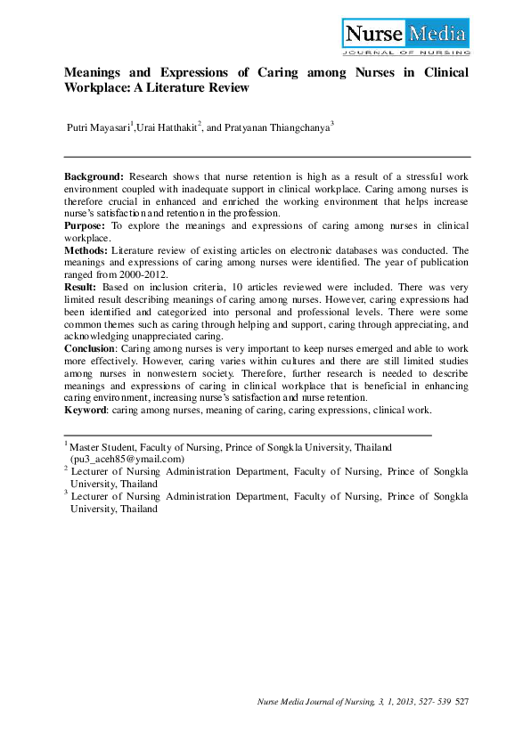 (PDF) Meanings and Expressions of Caring Among Nurses in Clinical Workplace: a Literature Review