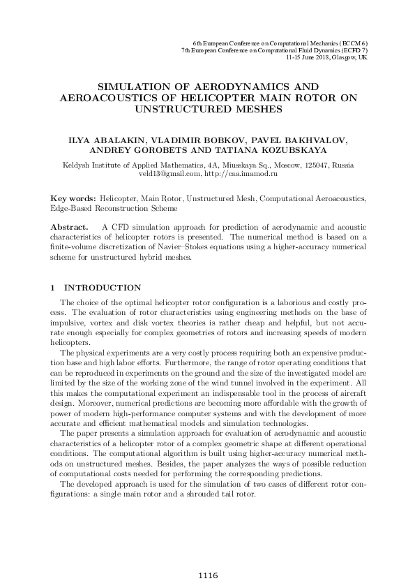 (PDF) Simulation of Aerodynamics and Aeroacoustics of Helicopter Main Rotor on Unstructured Meshes