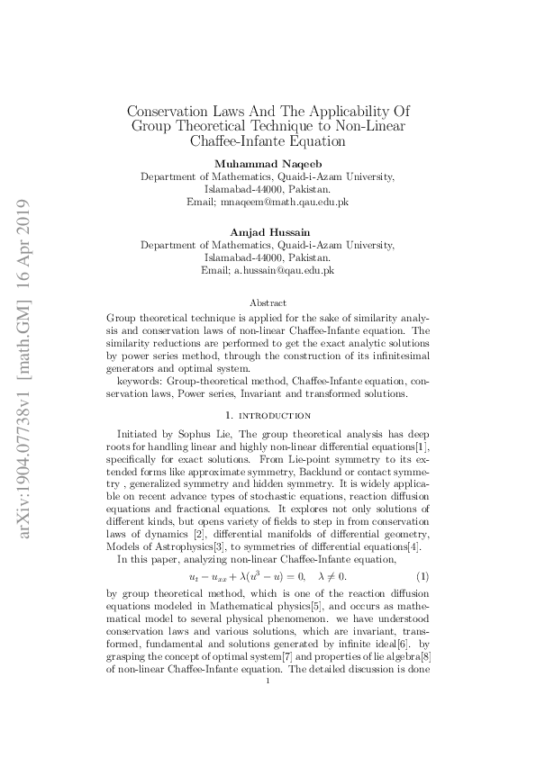 (PDF) Conservation Laws And The Applicability Of Group Theoretical Technique to Non-Linear ...
