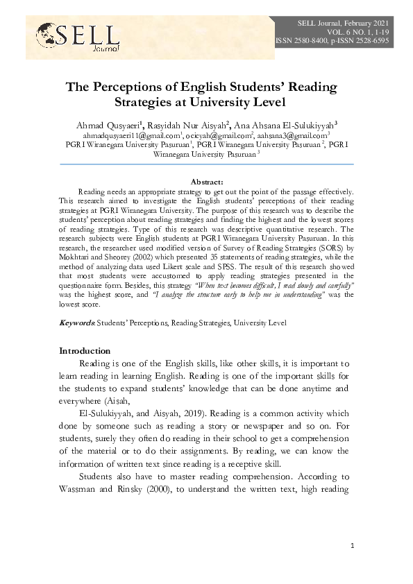 (PDF) The Perceptions of English Students' Reading Strategies at ...