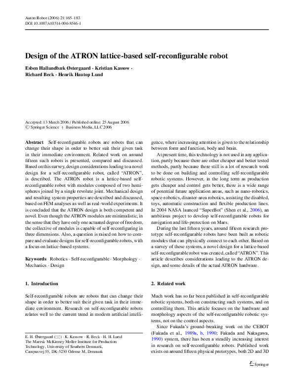 (PDF) Design of the ATRON lattice-based self-reconfigurable robot