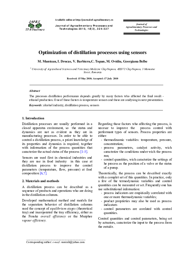 (PDF) Optimization of distillation processes using sensors