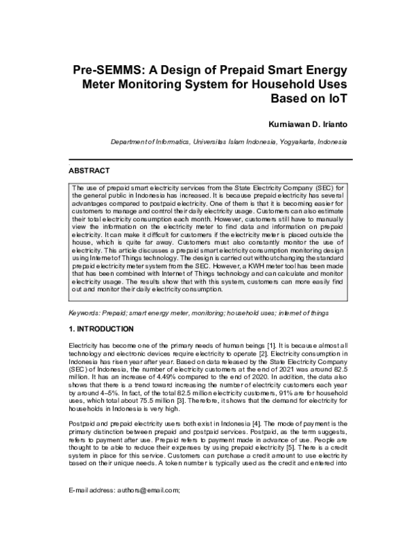 Pdf Pre Semms A Design Of Prepaid Smart Energy Meter Monitoring System For Household Uses