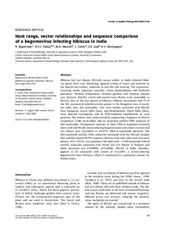 (PDF) Host range, vector relationships and sequence comparison of a ...